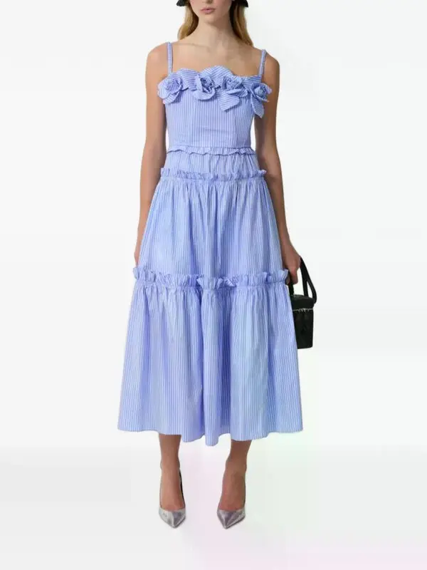 AKNVAS Floral-appliqué Ruffled Midi Dress - Blue