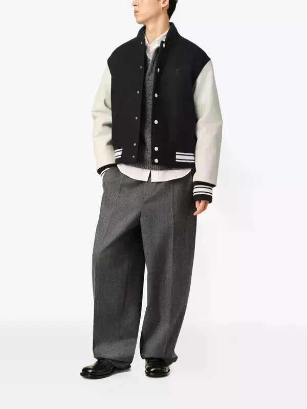 AMI Paris Wool And Leather Teddy Jacket With Embroidery
