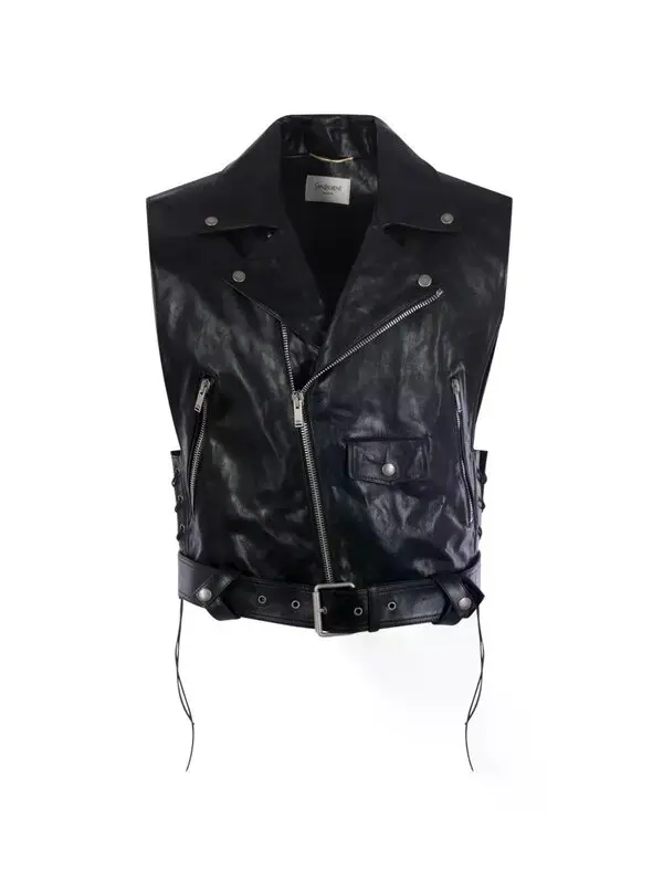 Saint Laurent Belted Lace-up Leather Waistcoat - Black