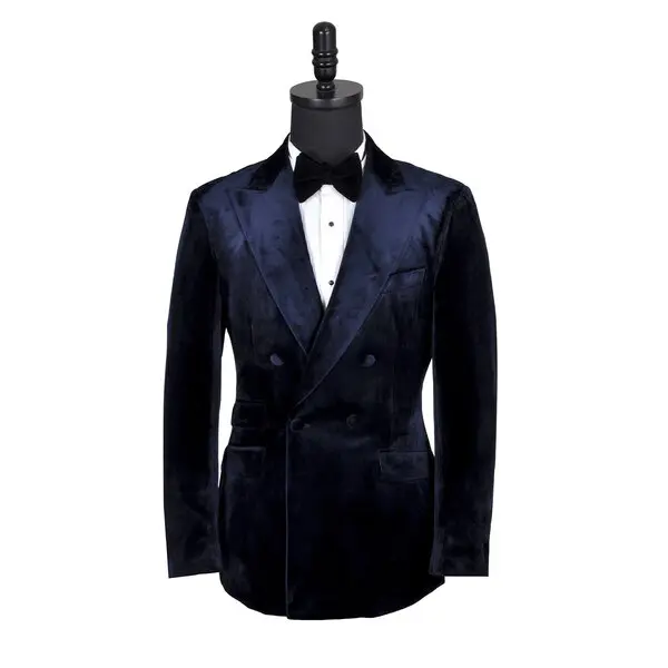 DAVID WEJ Maison Velvet Double Breasted Blazer Navy - Blue