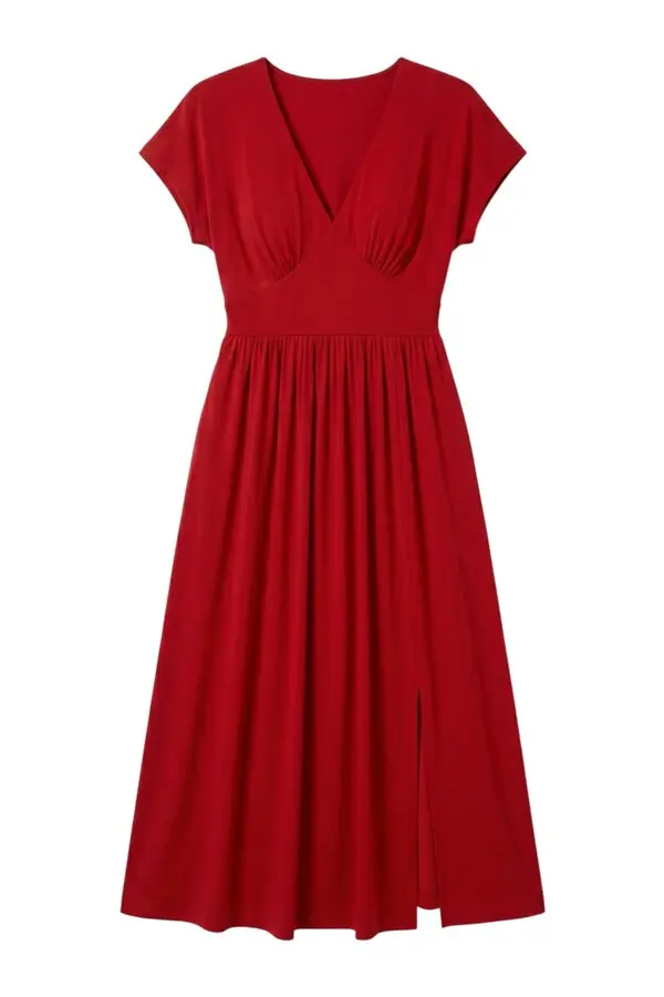 LOUCHE Unity Linen Mix V-neck Midi Dress - Red
