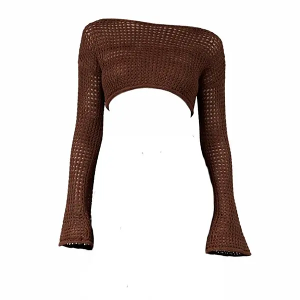 BELLETAGE SWIMWEAR The Off-weekend Crochet Off The Shoulder Bell Sleeve Crop Top - Brown