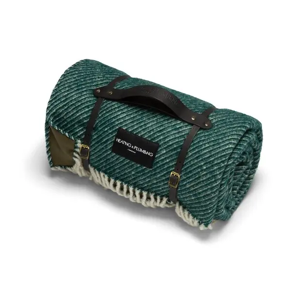 HEATING & PLUMBING LONDON Pure New Wool Picnic Blanket The Roadster Short Black Leather Strap - Green