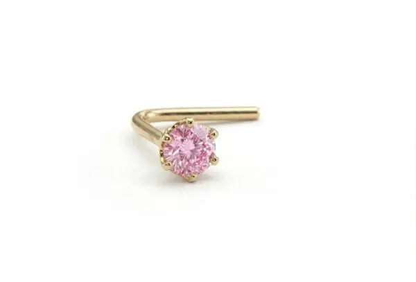 Zahav Jewelry 14k Solid Gold 24g 2mm Cz L Shape Nose Stud - Pink