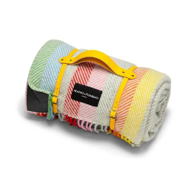 HEATING & PLUMBING LONDON Pure New Wool Waterproof Picnic Blanket Rainbow Short Strap - Black/gray/yellow