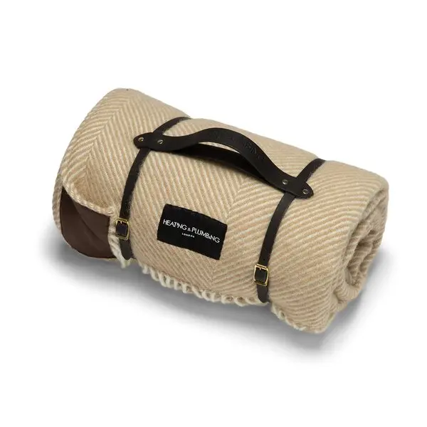 HEATING & PLUMBING LONDON Pure New Wool Waterproof Picnic Blanket The Blenheim Short Black Strap - Brown