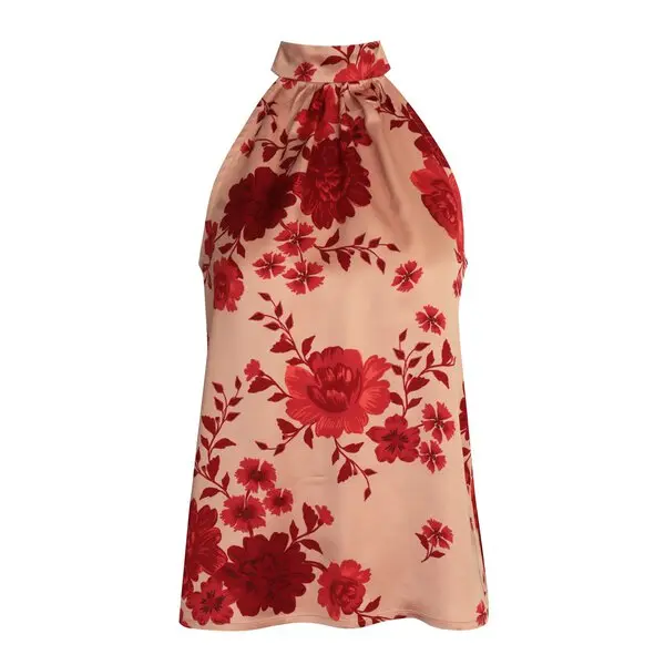 2KSTYLE Dakota Floral Halterneck Satin Effect Blouse Peach - Orange