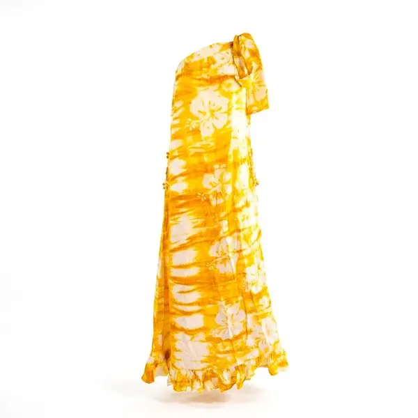 NYNY RYKE Wilma, One-shoulder Batik Maxi Dress Floral Summer Dress - Yellow