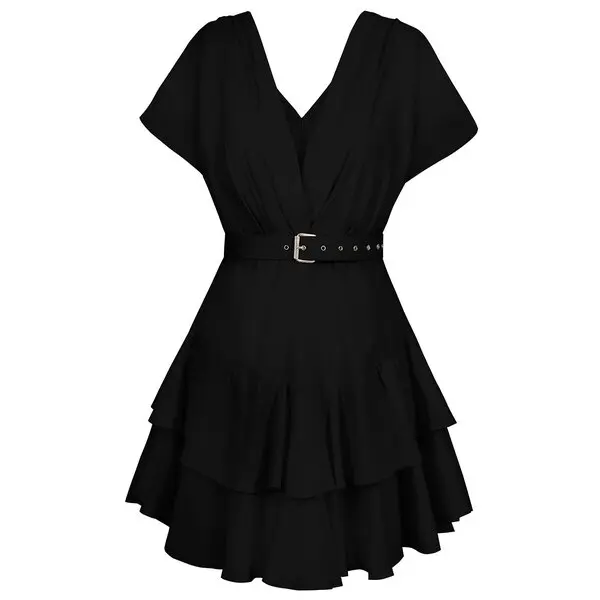 ALINA CERNATESCU Oasis Linen Bamboo Holiday And Cocktail Ruffle Midi Dress With Textile Belt - Black