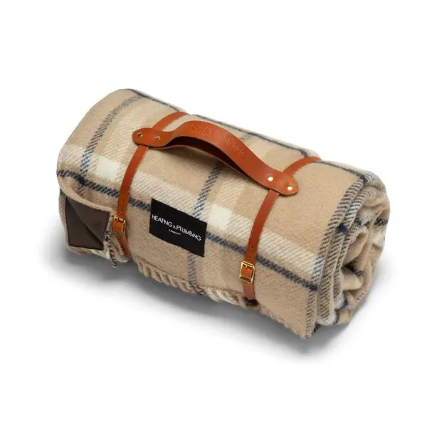 HEATING & PLUMBING LONDON Neutrals Pure New Wool Picnic Blanket Checkmate Latte Long Leather Strap - Brown