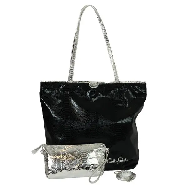 Carlos Falchi Microfiber Python Tote W/ Silver Pouch - Black