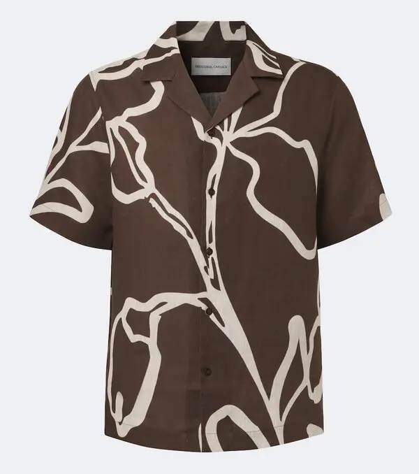 Frescobol Carioca Printed Linen Bowling Shirt - Brown