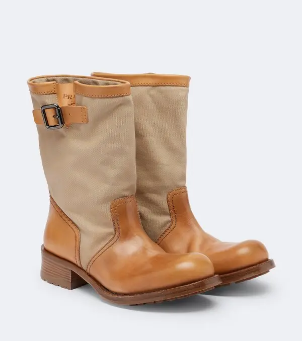Prada Leather And Canvas Biker Boots - Brown