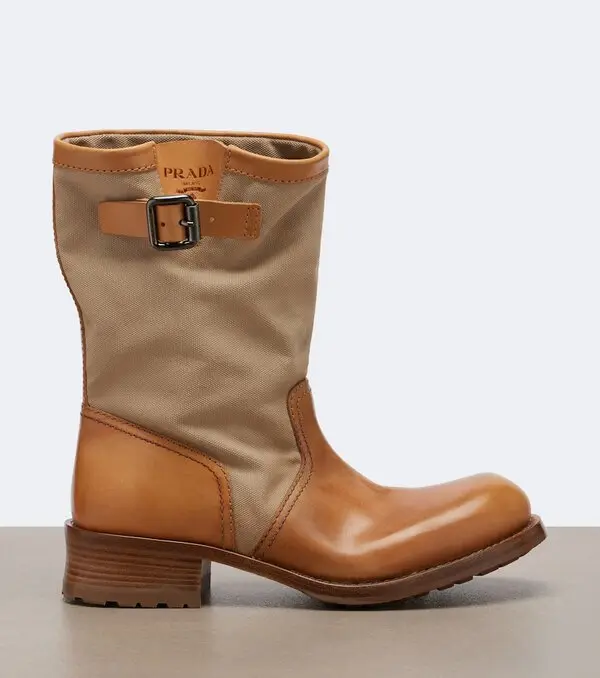 Prada Leather And Canvas Biker Boots