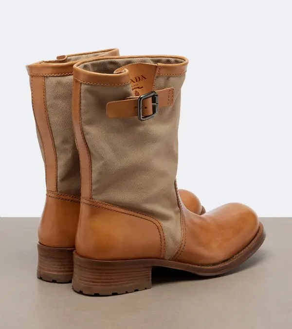 Prada Leather And Canvas Biker Boots