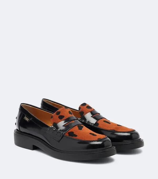 TOD'S Leather Leopard-print Penny Loafers - Black