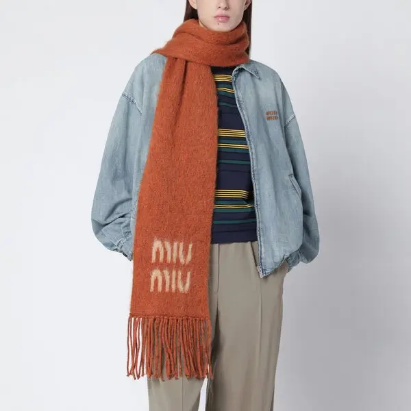 Miu Miu Rust Mohair-blend Scarf With Logo