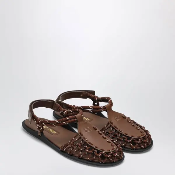 Miu Miu Hazelnut/tobacco Leather And Ribbon Sandals