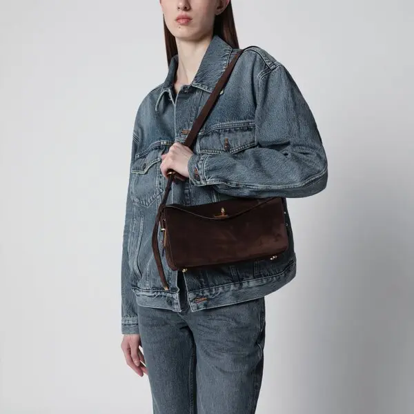 Balenciaga Le 7 Medium Suede Calfskin Shoulder Bag In Moka/ruby