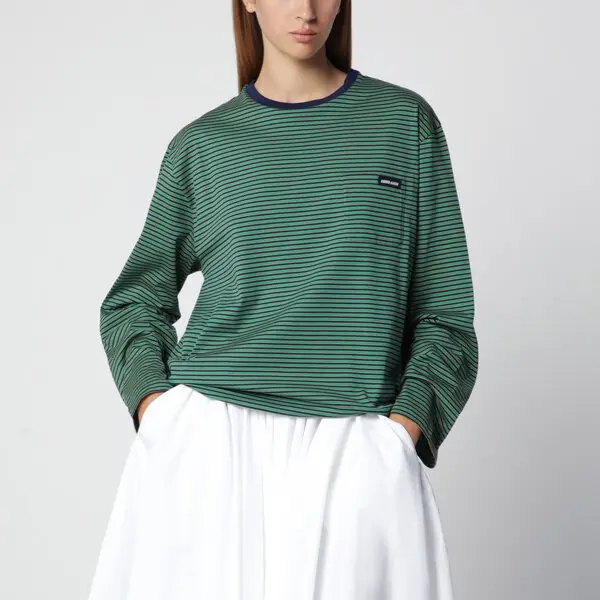 Miu Miu Navy /green Striped Cotton Sweater - Blue