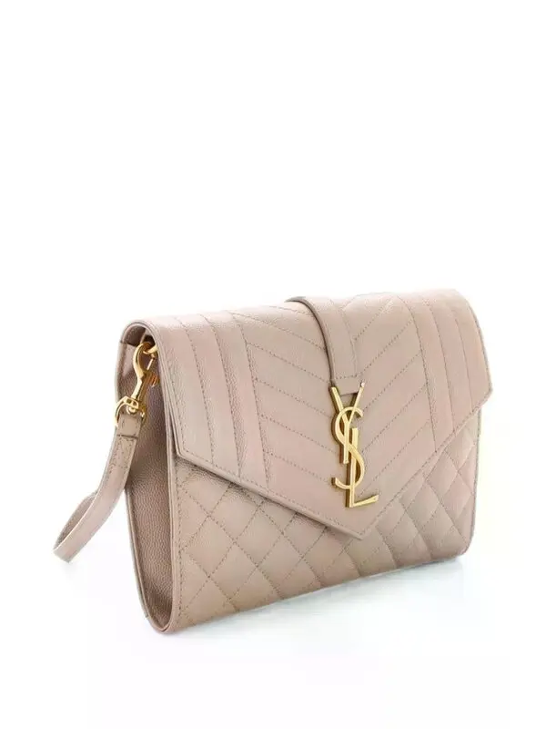 Saint Laurent Classic Monogram Envelope Wristlet Mixed Matelasse Leather Clutch Bag - Neutrals