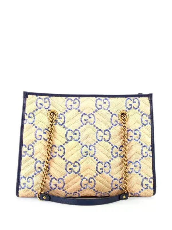 Gucci Gg Marmont Aria Chain Shopping Jumbo Gg Matelasse Raffia Medium Tote Bag - Blue