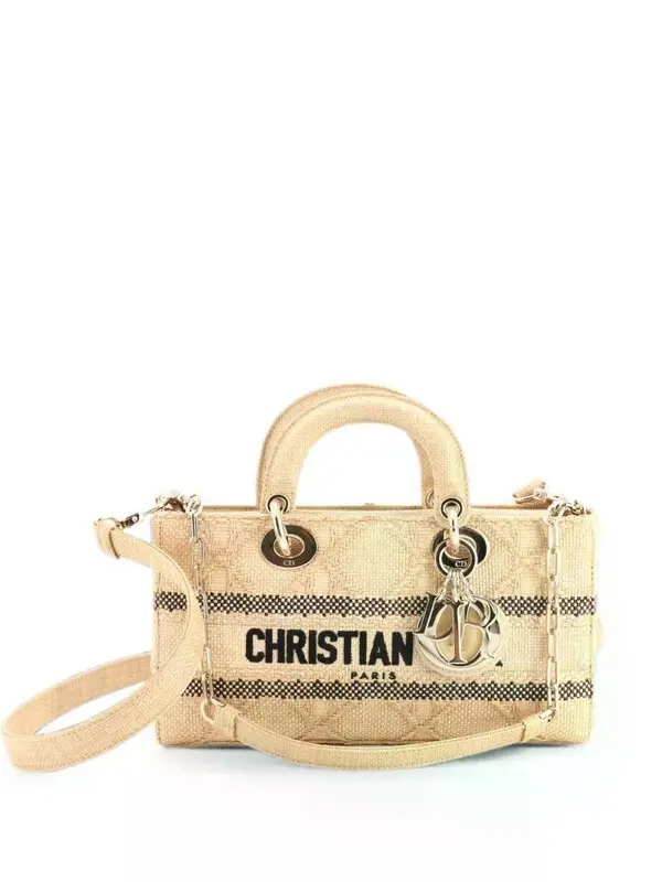 Dior Lady D-joy Bag Cannage Embroidered Raffia Medium Tote Bag - Neutrals