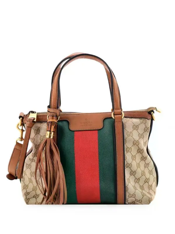 Gucci Rania Convertible Top Handle Bag Web Gg Canvas Small Satchel - Brown