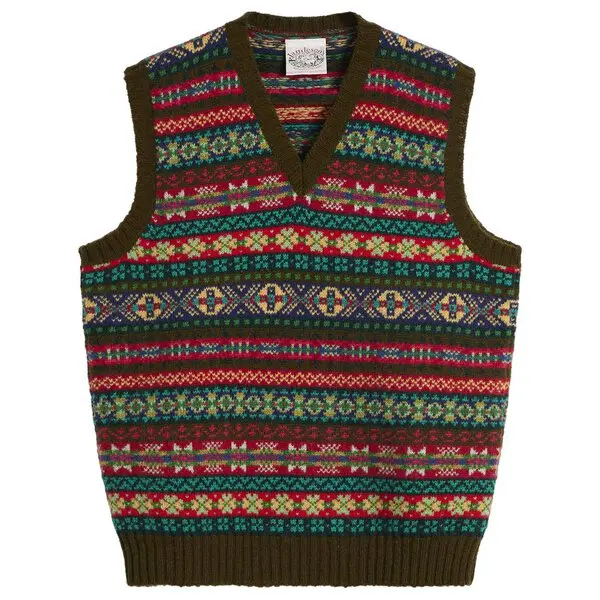 JAMIESON'S OF SHETLAND Fair Isle V-neck Vest - Olive