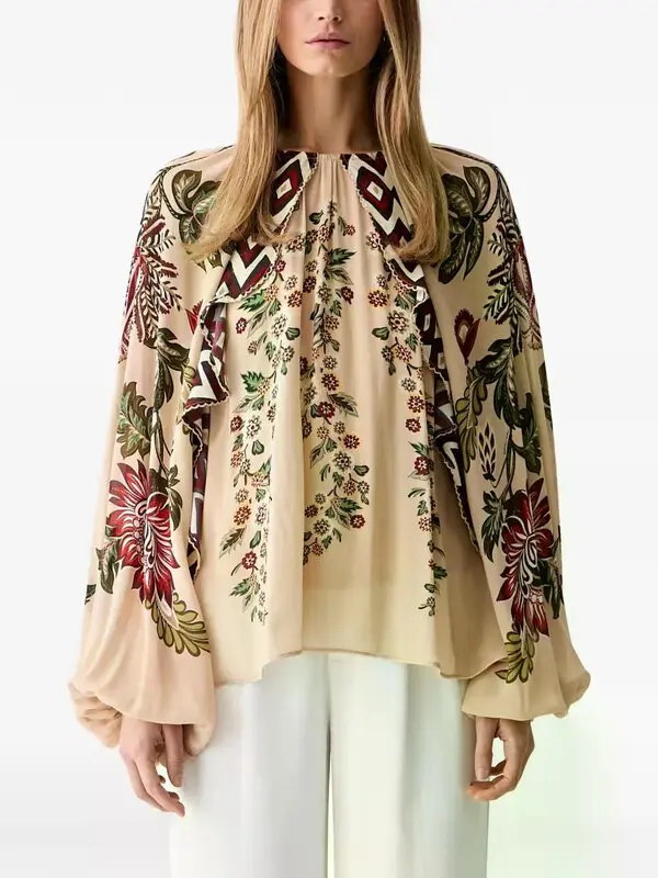 Farm Rio Floral-print Ruffled Blouse - Neutrals