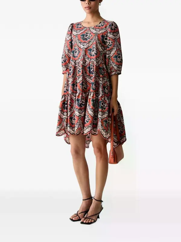 Farm Rio Tiered Mini Dress With Floral Print And Scalloped Hem