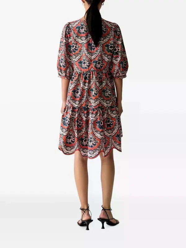 Farm Rio Tiered Mini Dress With Floral Print And Scalloped Hem