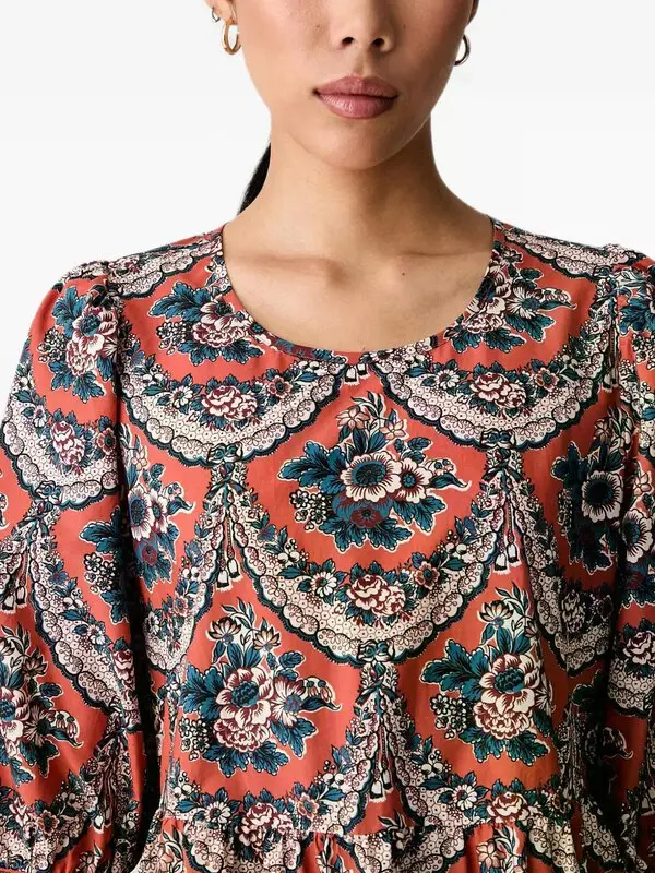 Farm Rio Tiered Mini Dress With Floral Print And Scalloped Hem