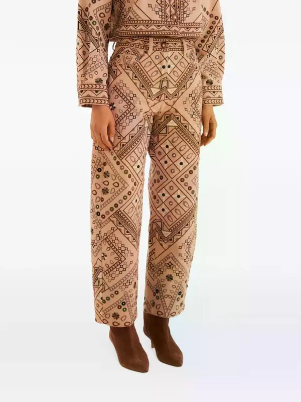 Farm Rio Geometric Embroidered Straight-leg Trousers - Neutrals
