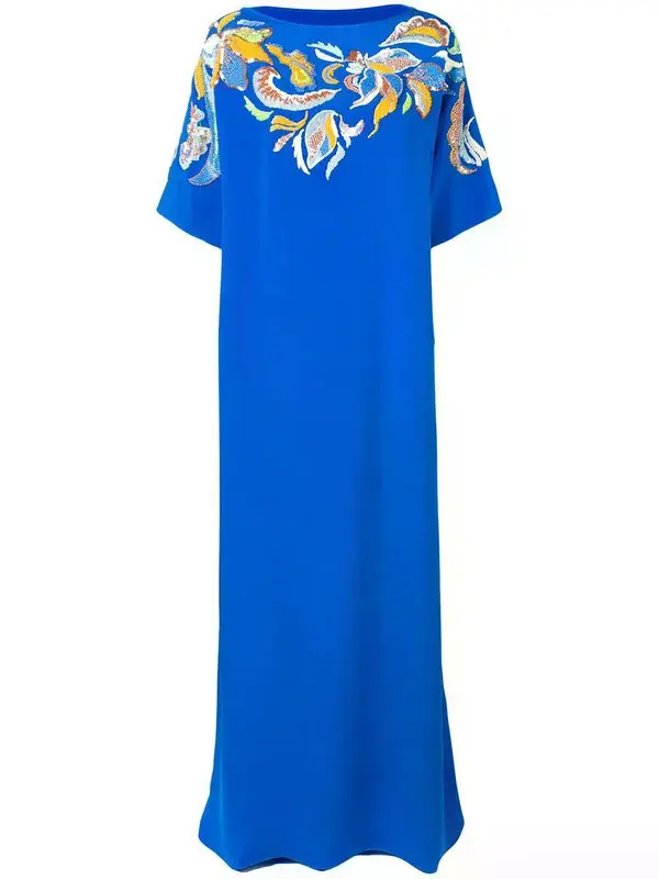 Emilio Pucci Floral Embroidered Silk Kaftan Dress - Blue