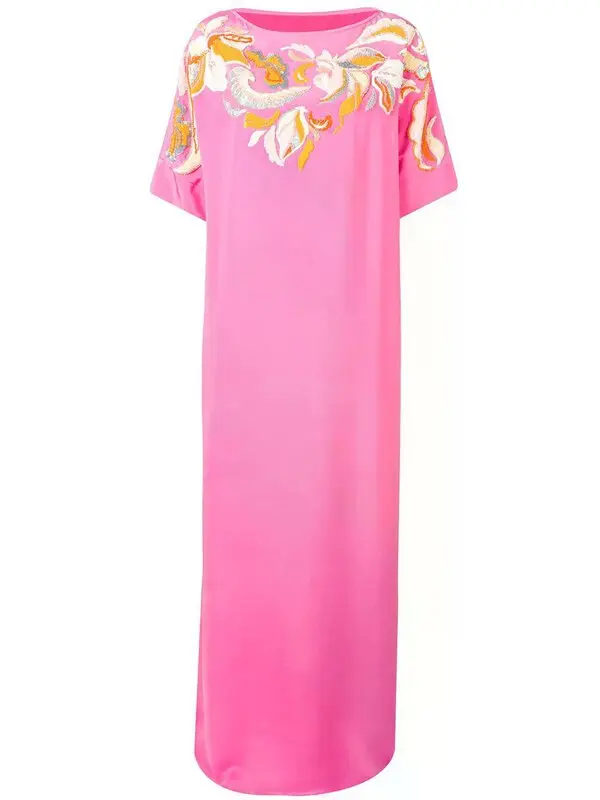 Emilio Pucci Floral Embroidered Silk Kaftan Dress - Pink