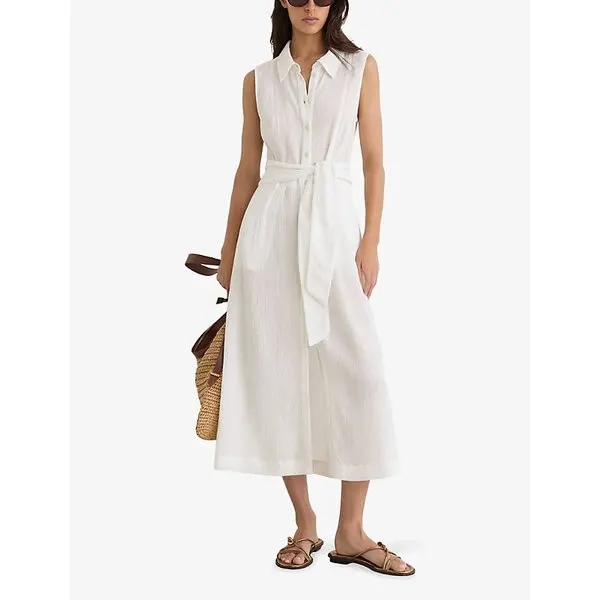 REISS Sleeveless Belted Cotton Midi Dress