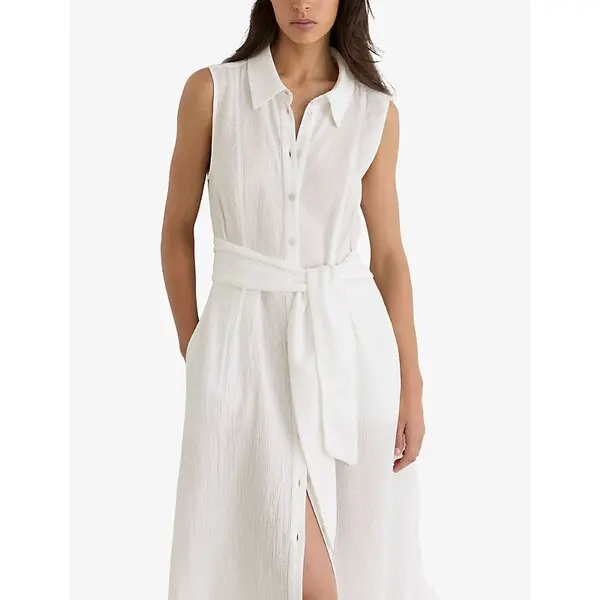 REISS Sleeveless Belted Cotton Midi Dress