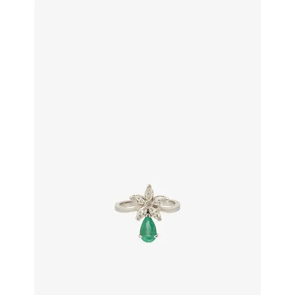 FORAGE & FIND Vintage 18ct White Gold Emerald Flower Diamond Ring - Silver