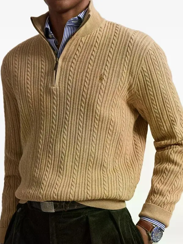 Polo Ralph Lauren Beige Cotton Cable Knit Quarter-zip Sweater