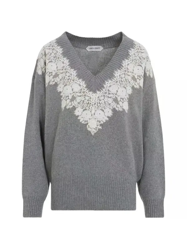 Alberta Ferretti Lace-trim V-neck Sweater - Grey