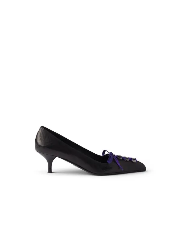 Prada Antiqued Leather Pumps With Lace Detailing - Black