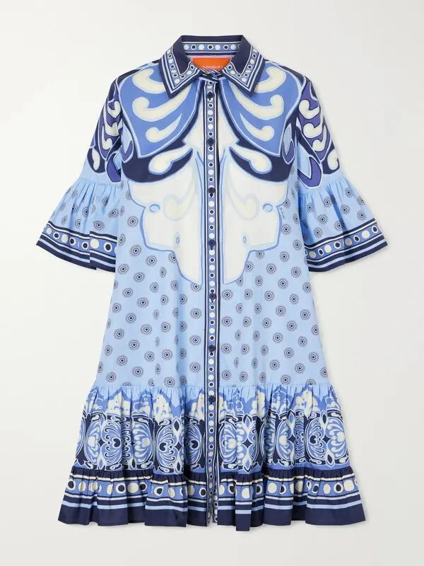 La DoubleJ Choux Tiered Printed Cotton-poplin Shirt Dress - Blue