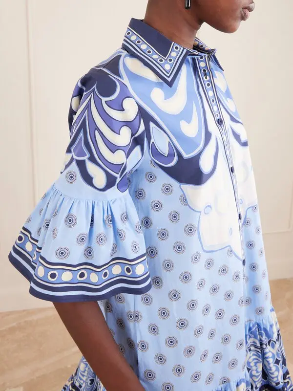 La DoubleJ Choux Tiered Printed Cotton-poplin Shirt Dress - Blue