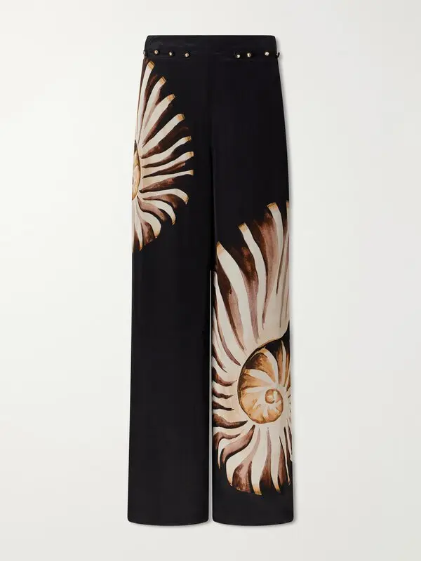 Farm Rio Ammonite Printed Embellished Habotai Wide-leg Pants - Black
