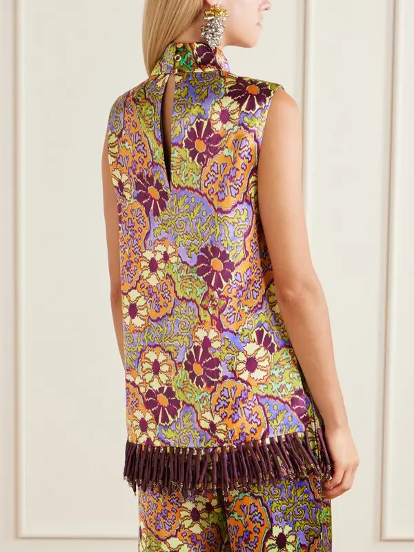 ALEMAIS Joanna' Printed Satin Tank With Beaded Fringe - Black
