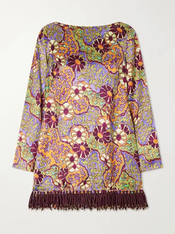 ALEMAIS Floral-print Fringed Satin Mini Dress - Multi