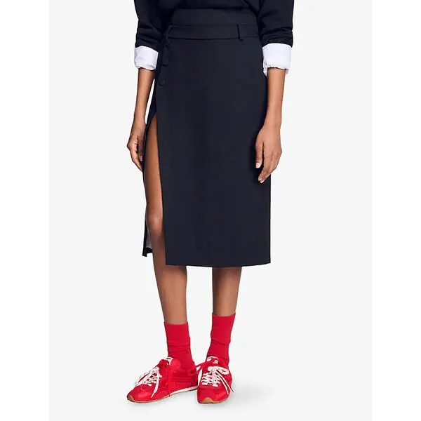 Sandro Mid-rise Split-hem Wool Midi Skirt
