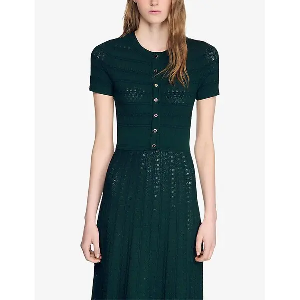 Sandro Short-sleeved Pointelle Knit Midi Dress With Ruffled Hem
