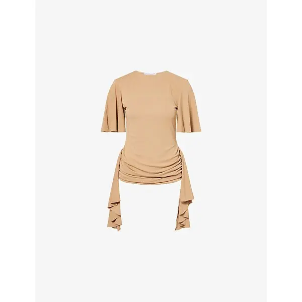 ABADIA Ruched Frill Stretch-woven T-shirt - Tan